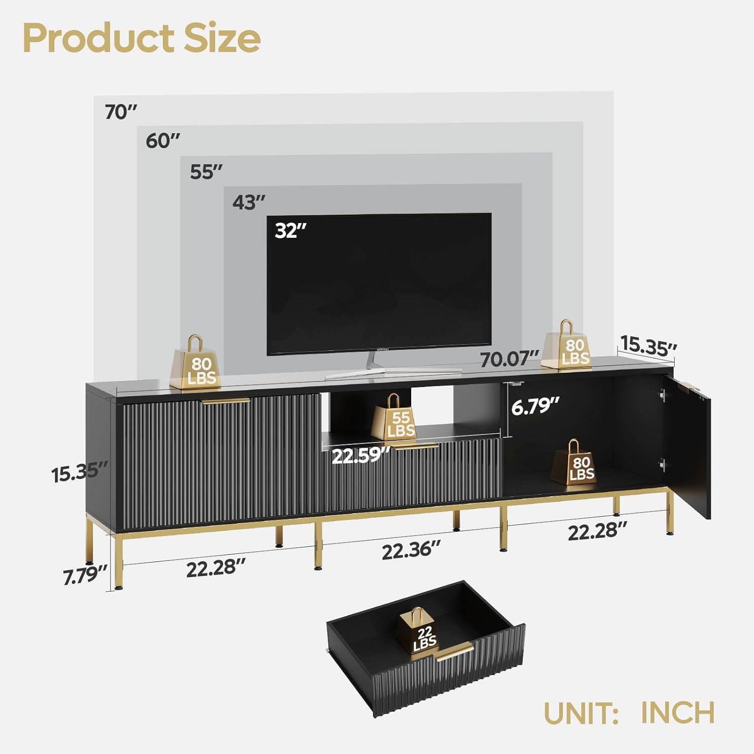 70 Inch TV Stand with LED Lights, Black Modern Entertainment Center for ...