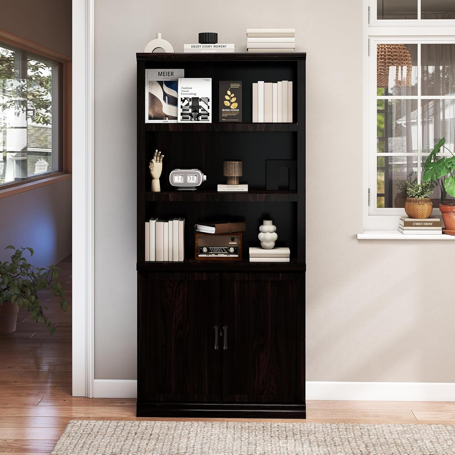 70 Inch Tall Bookcase with Doors, Library Office Bookshelf with ...