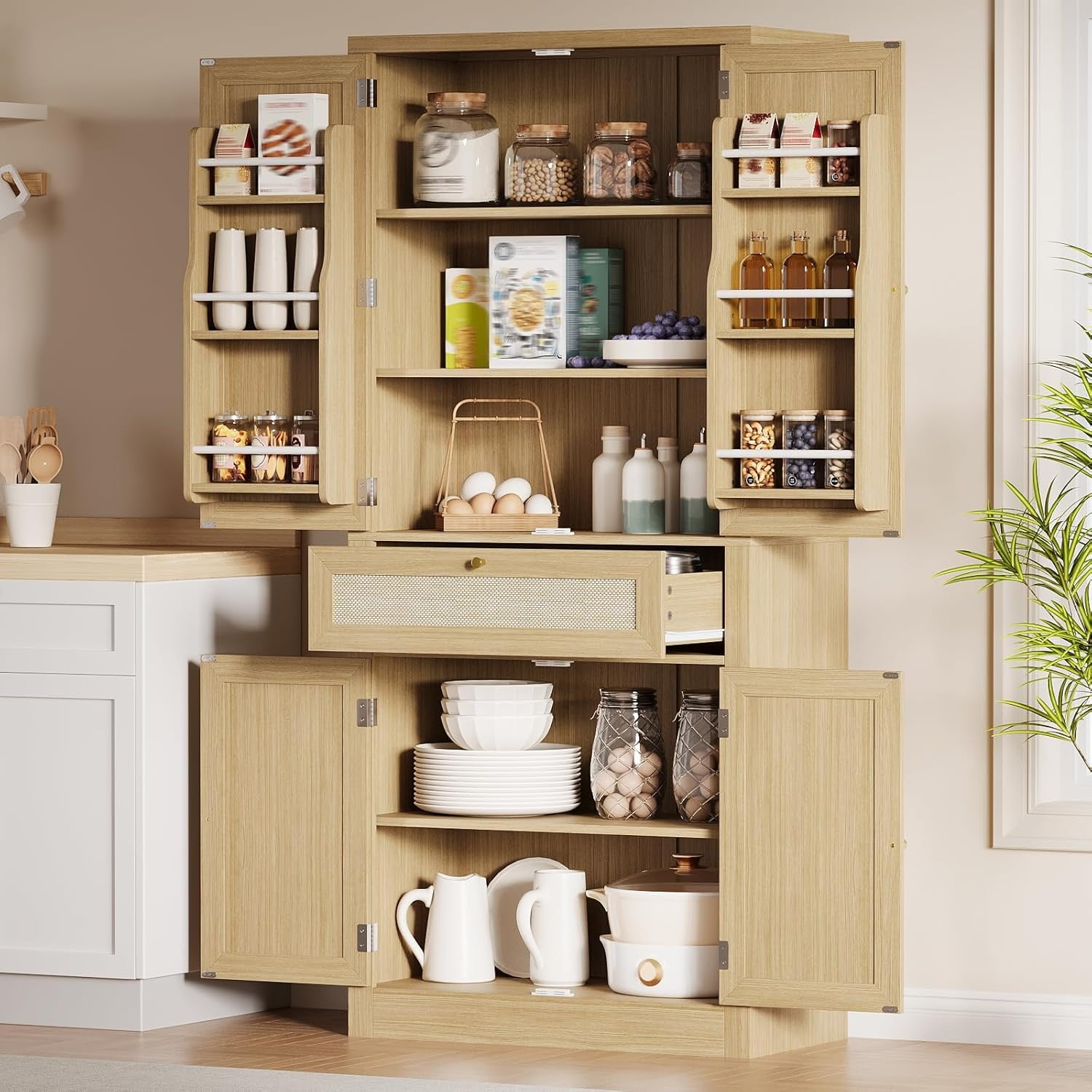 70 Inch Tall Pantry Cabinet, Rattan Kitchen Storage Cabinet with Drawer ...