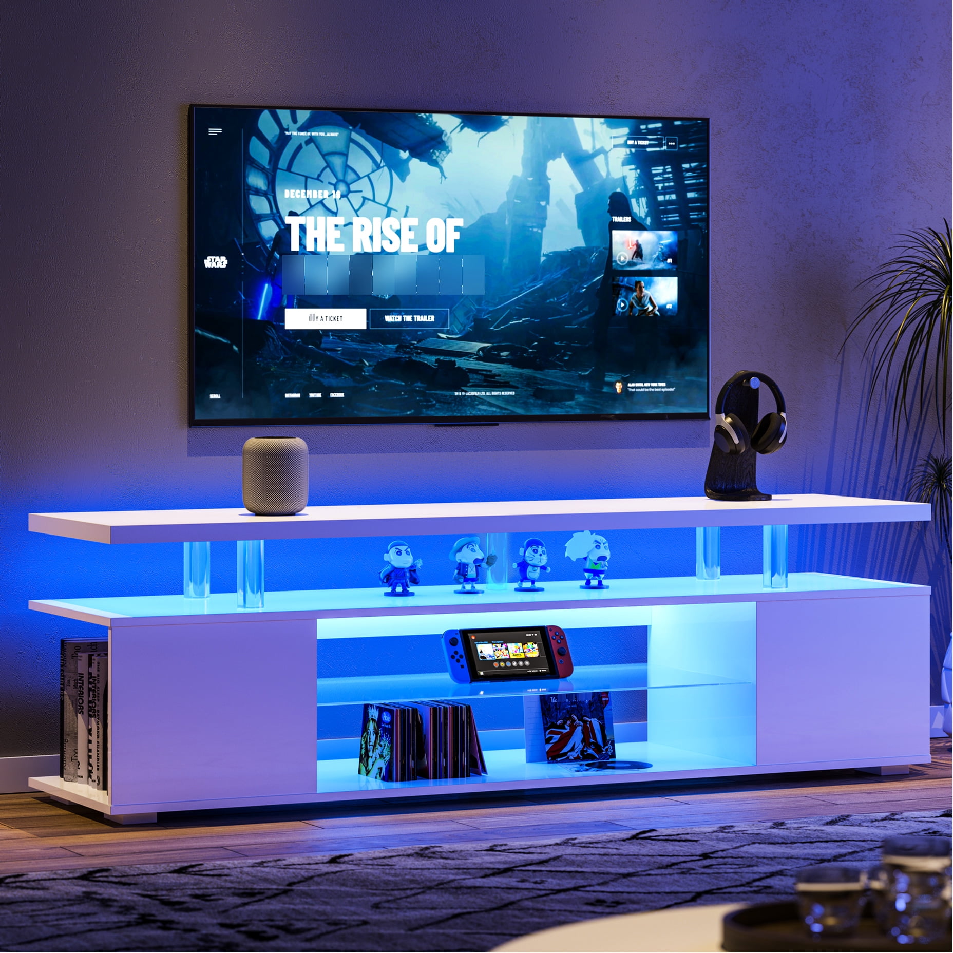 70 Inch Tv Console Stand, White: Gaming Entertainment Center With ...