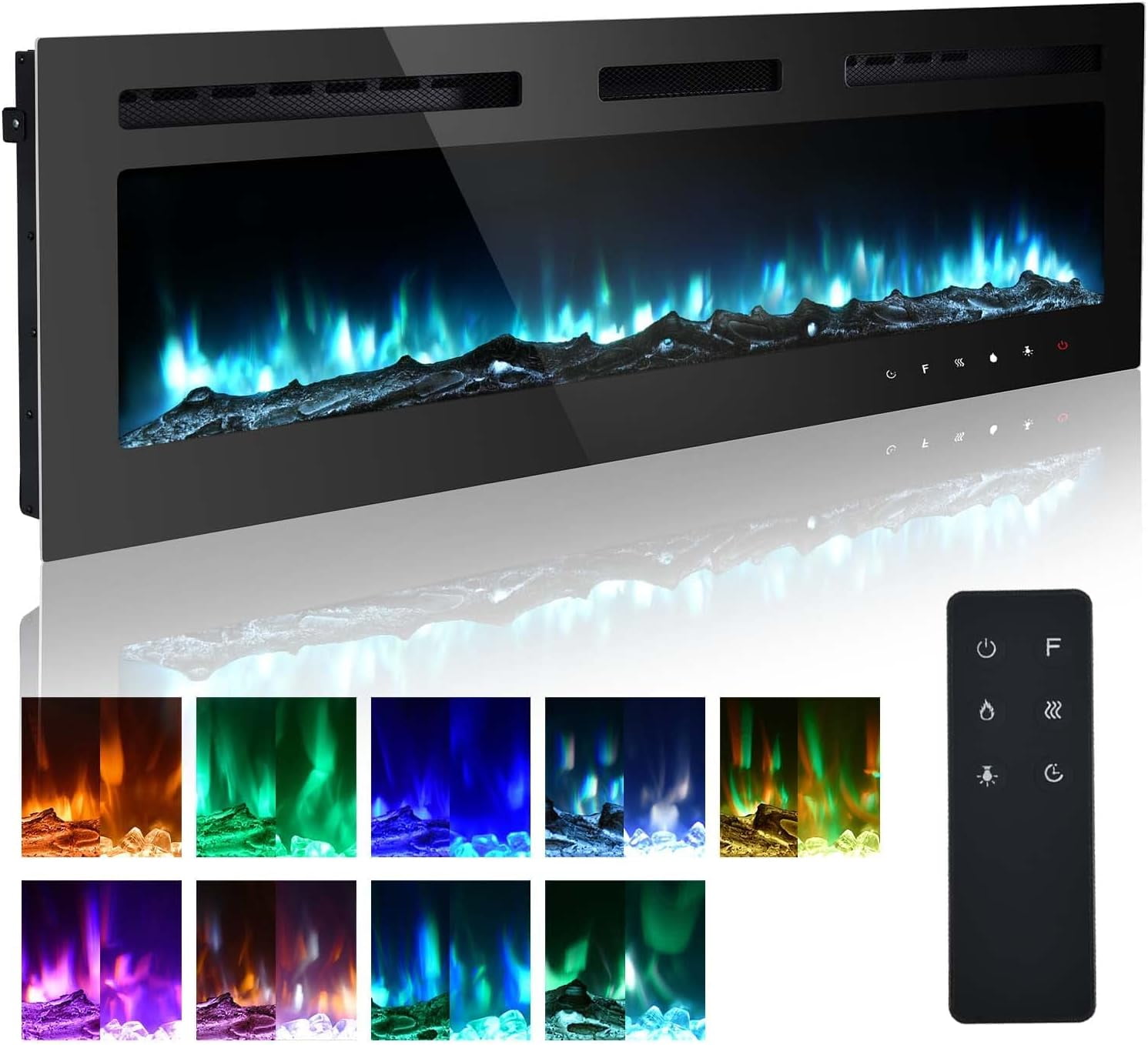 70 Inch Wall Mounted Electric Fireplace with Stand, 12 Flame Color ...