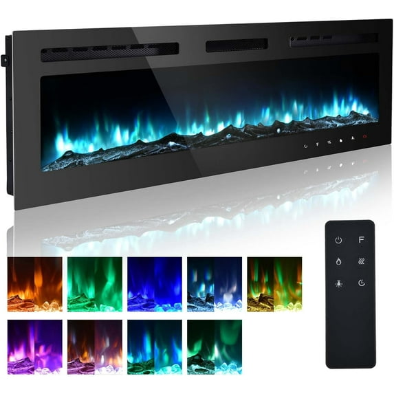 70 Inch Wall Mounted Electric Fireplace with Stand, 12 Flame Color ...