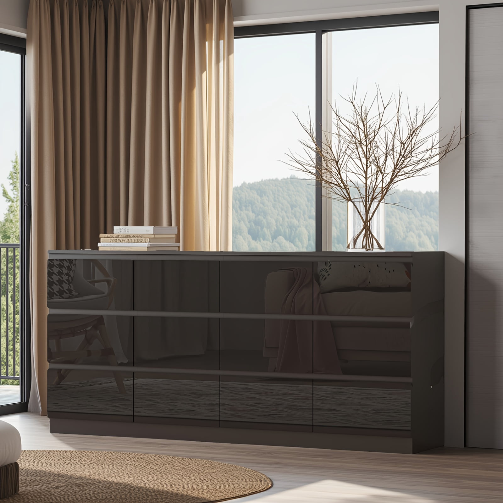 70-Inch Wide Modern Entryway Storage Cabinet with High-Gloss Finish and ...