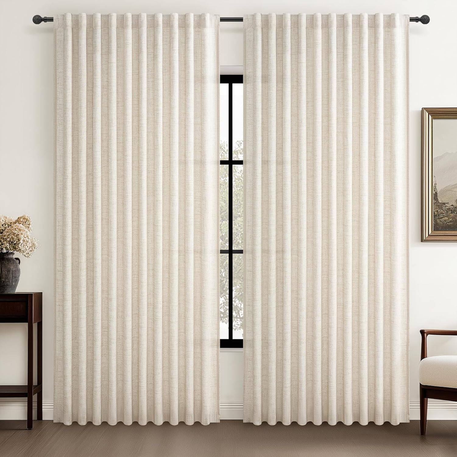 70 Inches Extra Wide Traverse Sheer Curtains Cream Beige Pleated for Bedroom, Lush Decor Linen ...