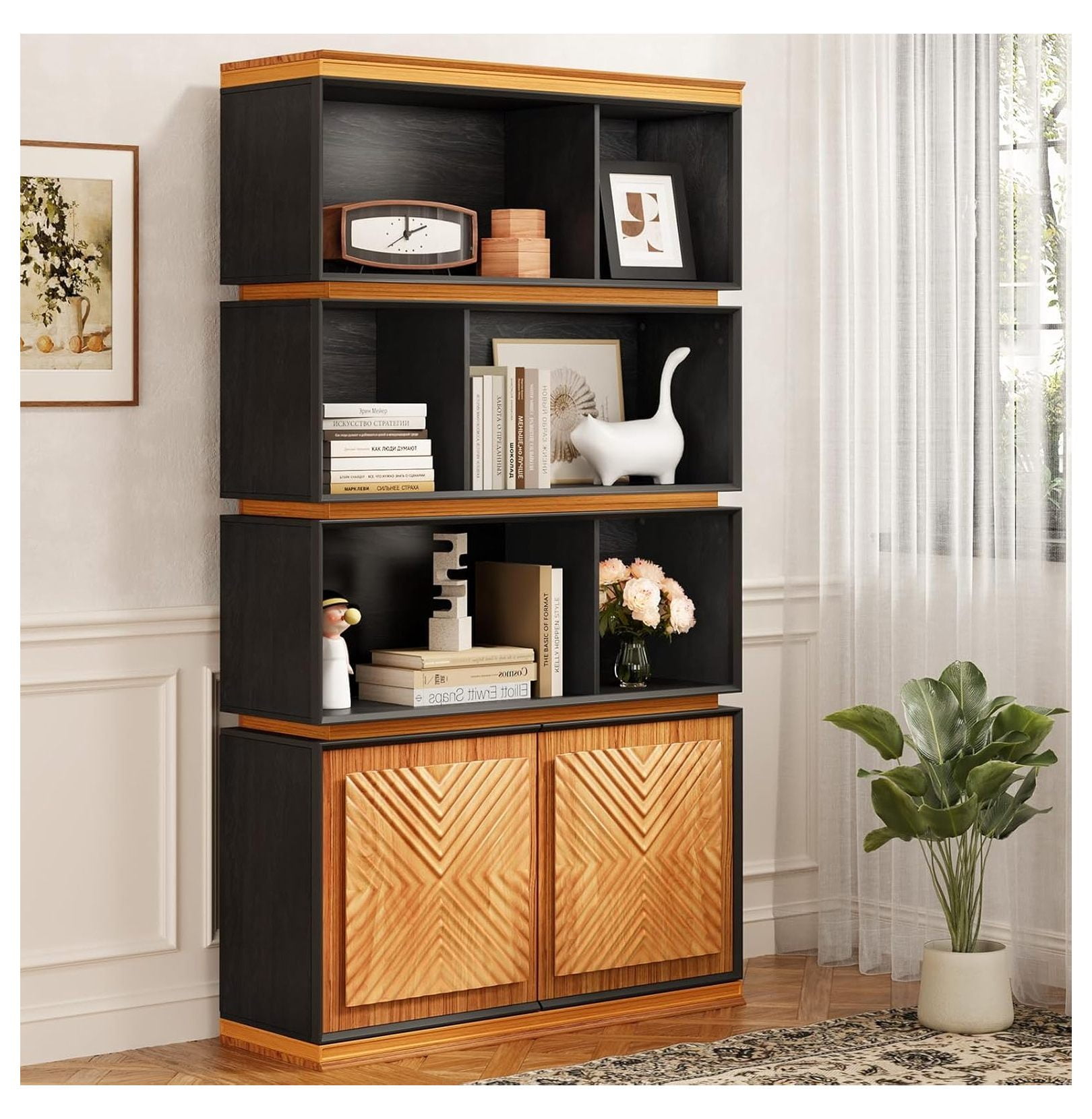 70 Inches Tall Bookshelf 5 Tier Bookcase with Storage Cabinet Wood Book ...