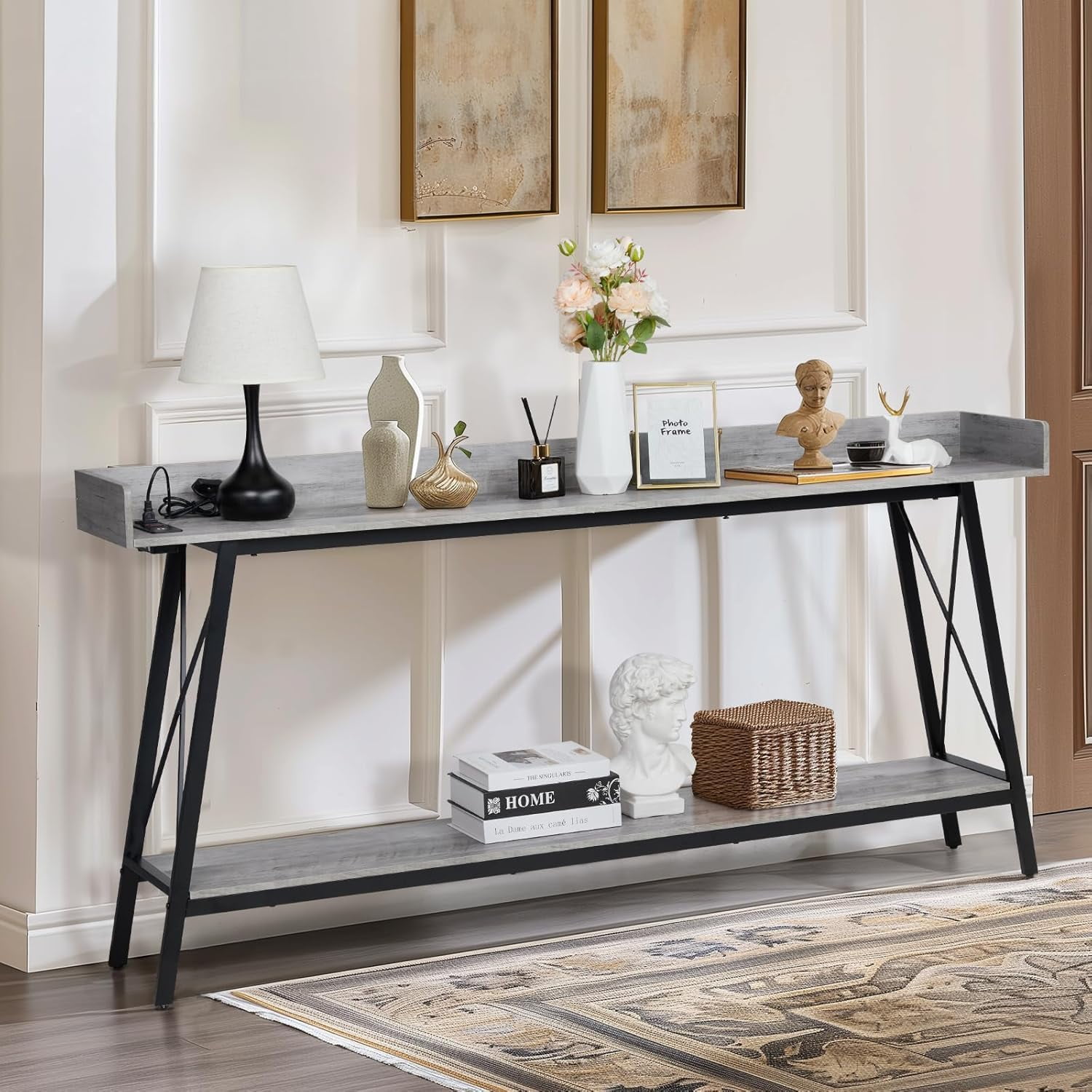 70" Industrial Console Table with Outlets, Farmhouse Sofa Table Behind ...