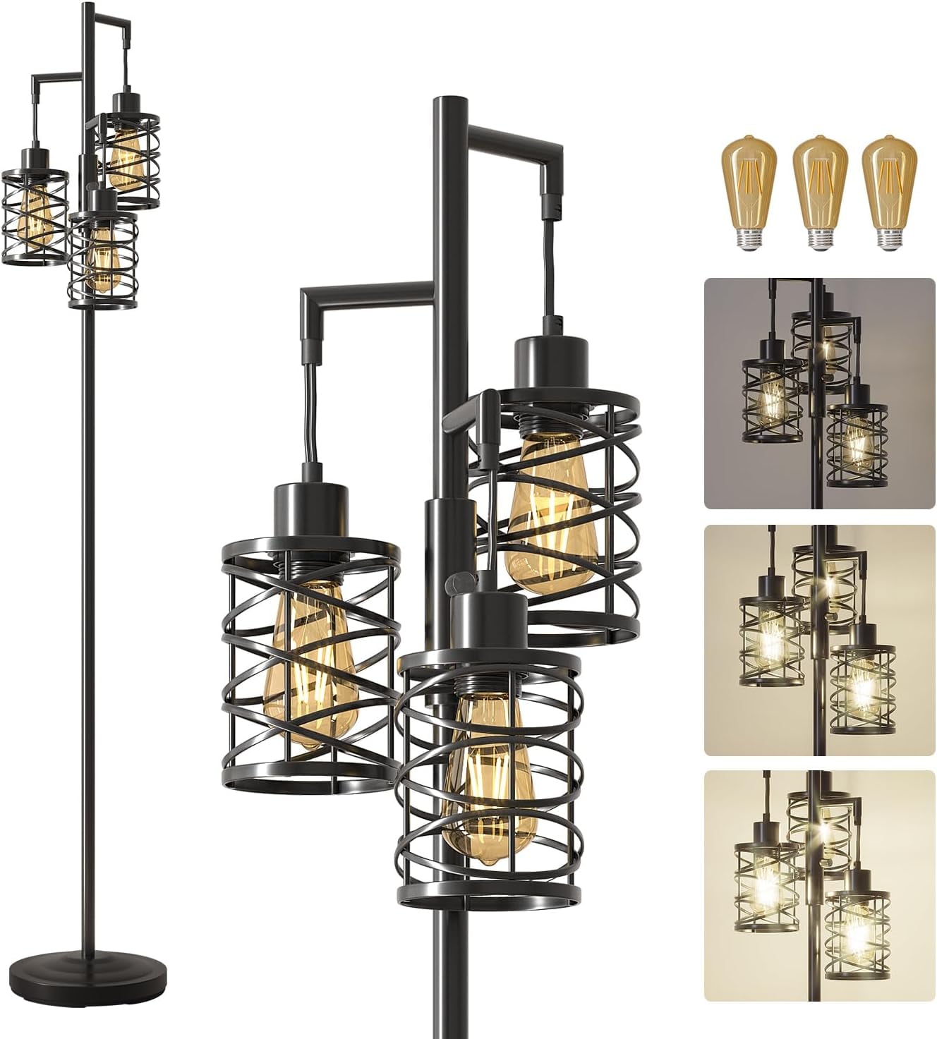70" Industrial Floor Lamp, Stepless Dimmable Standing Lamp with 3 Bulbs ...