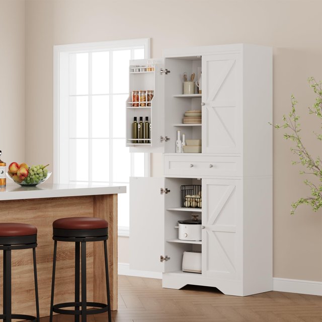 70'' Kitchen Pantry Cabinet, Farmhouse Storage Cabinet with Barn Doors ...
