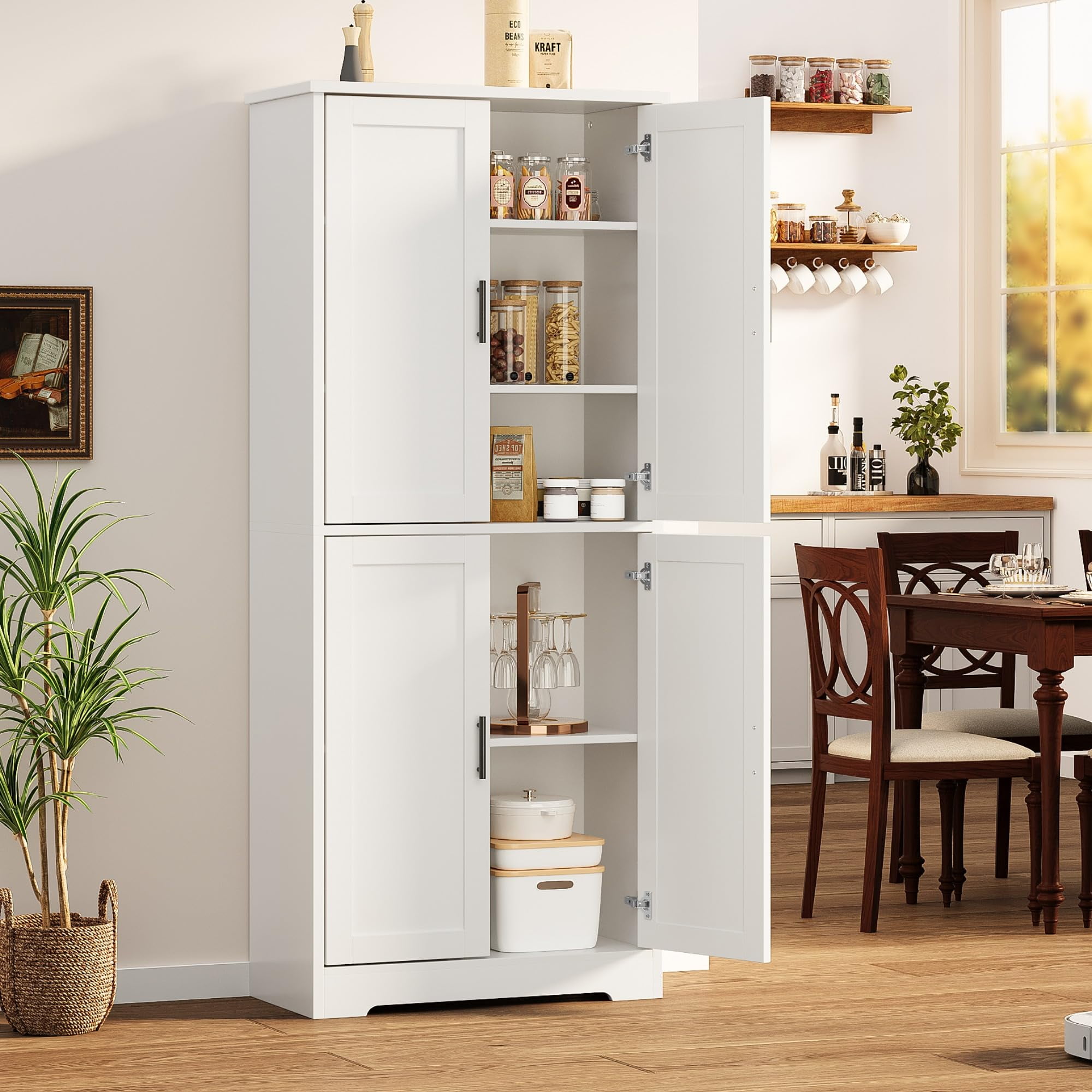 70" Kitchen Pantry Cabinet, Freestanding Storage Cabinet with 4 Doors ...