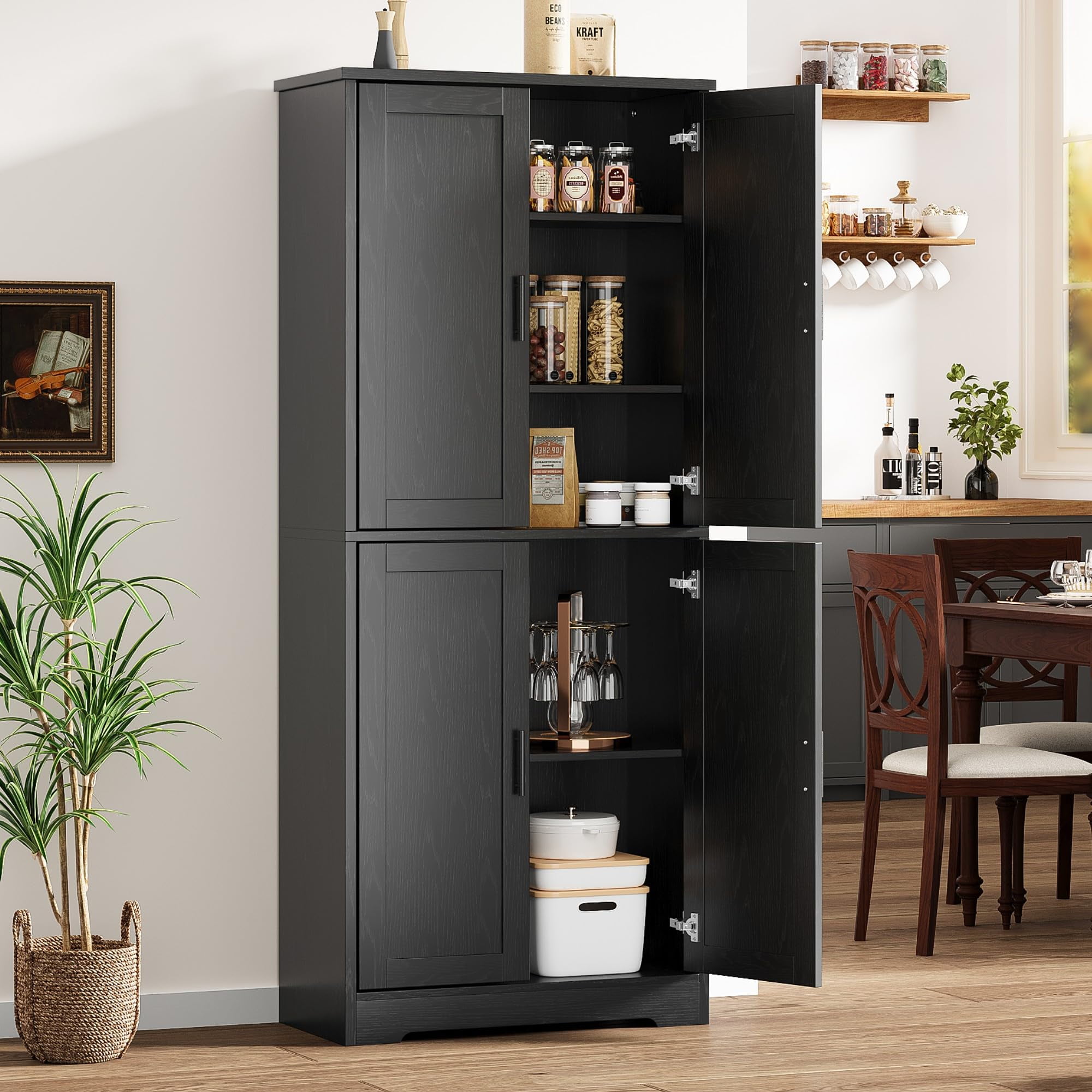 70" Kitchen Pantry Cabinet, Freestanding Storage Cabinet with 4 Doors ...