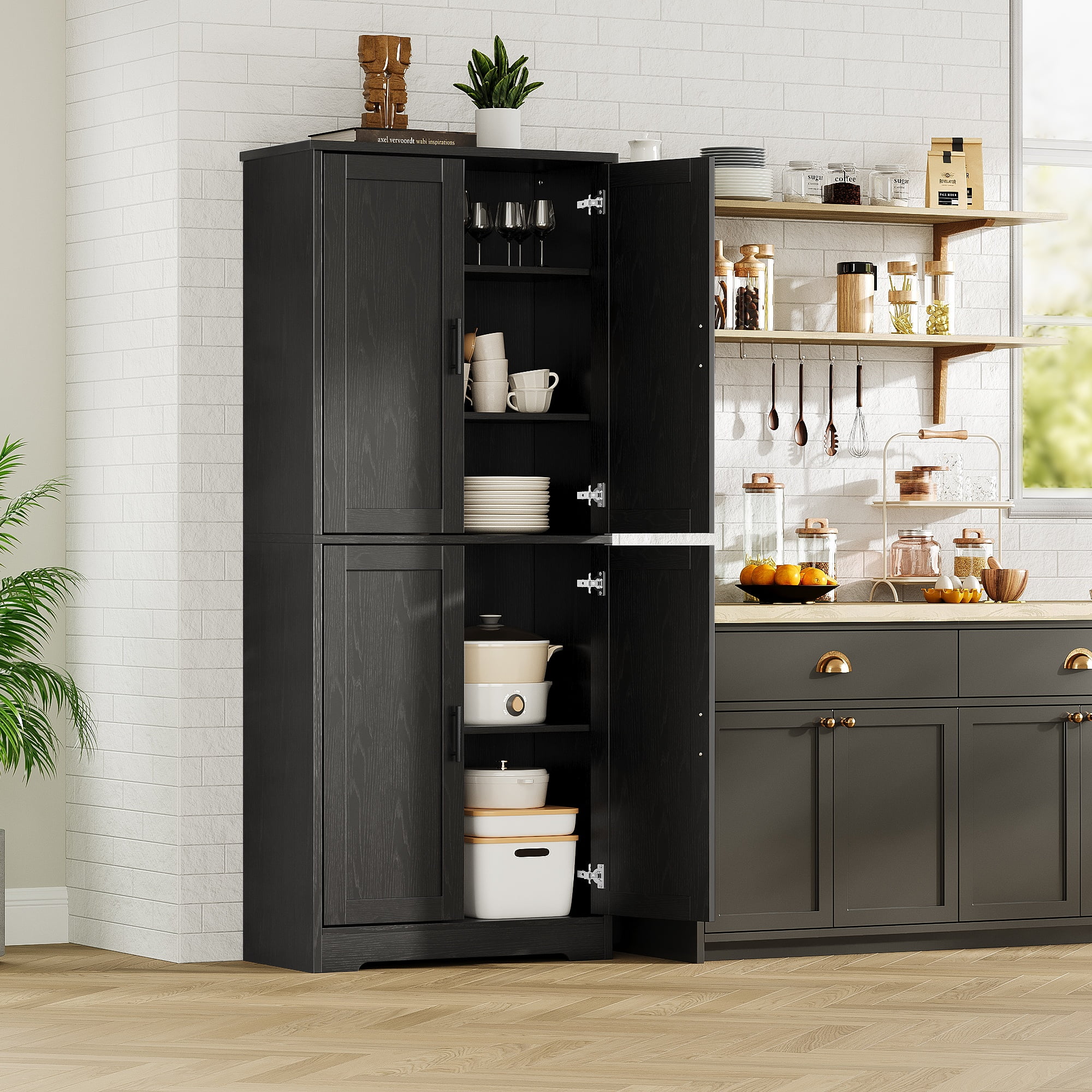 70" Kitchen Pantry Cabinet, Freestanding Storage Cabinet with 4 Doors ...