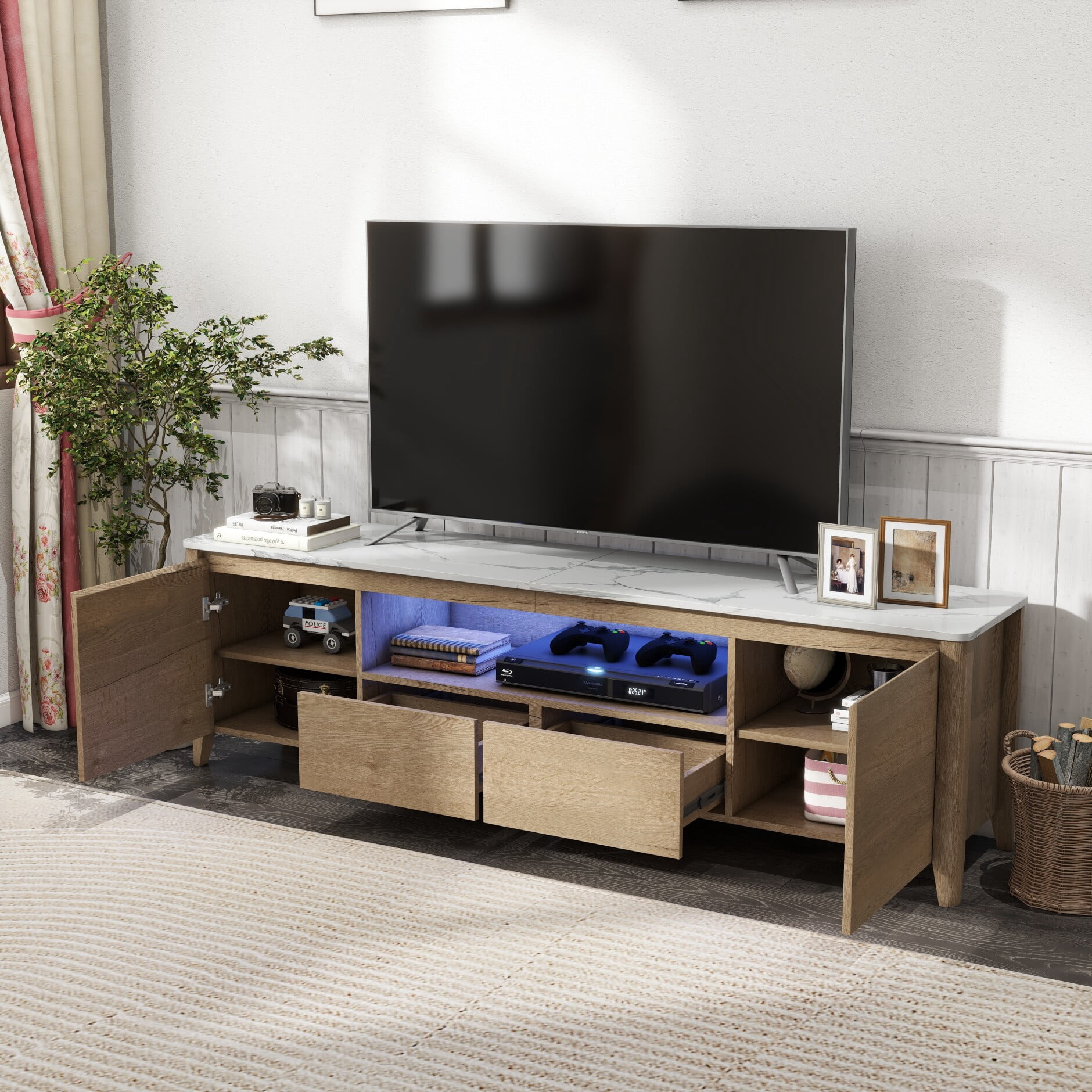 70" Large Accent TV Stand, Modern Multi-Function Wood Storage Cabinet ...