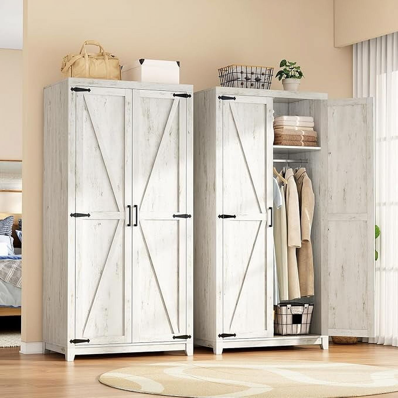 70" Large Armoire Wardrobe Closet Set of 2 with Hanging Rod, Farmhouse ...