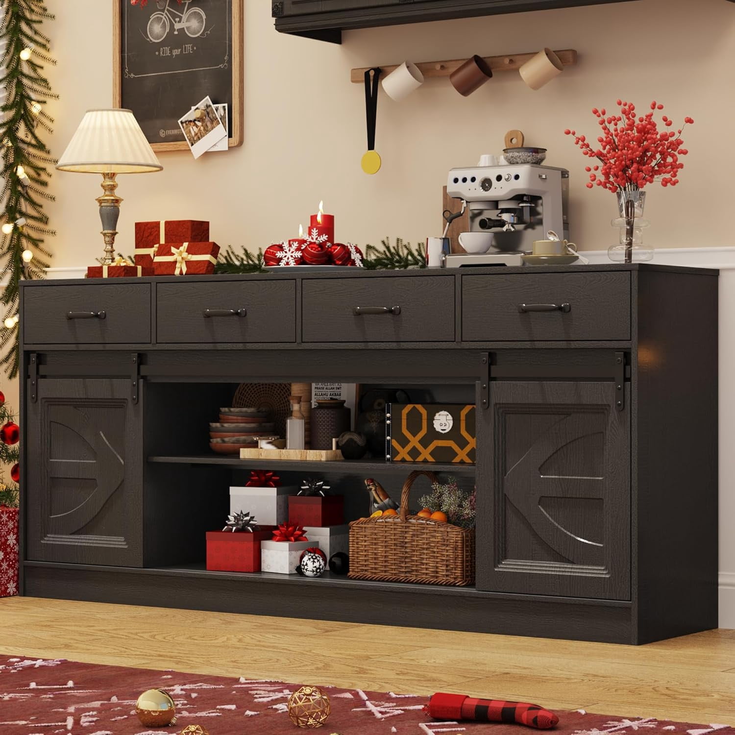70” Large Long Buffet Sideboard Cabinet w/4 Drawer,Farmhouse Buffet ...