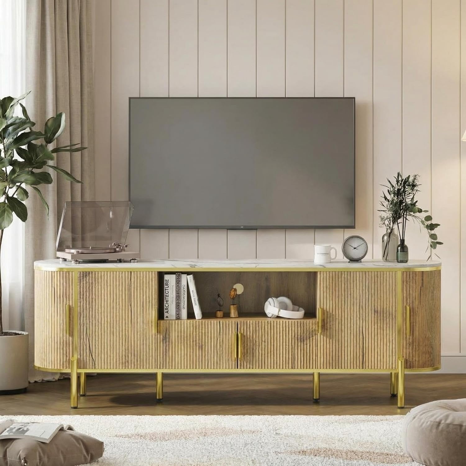 70" Luxury Fluted TV Stand with Faux Marble Top & Curved Sliding Doors ...