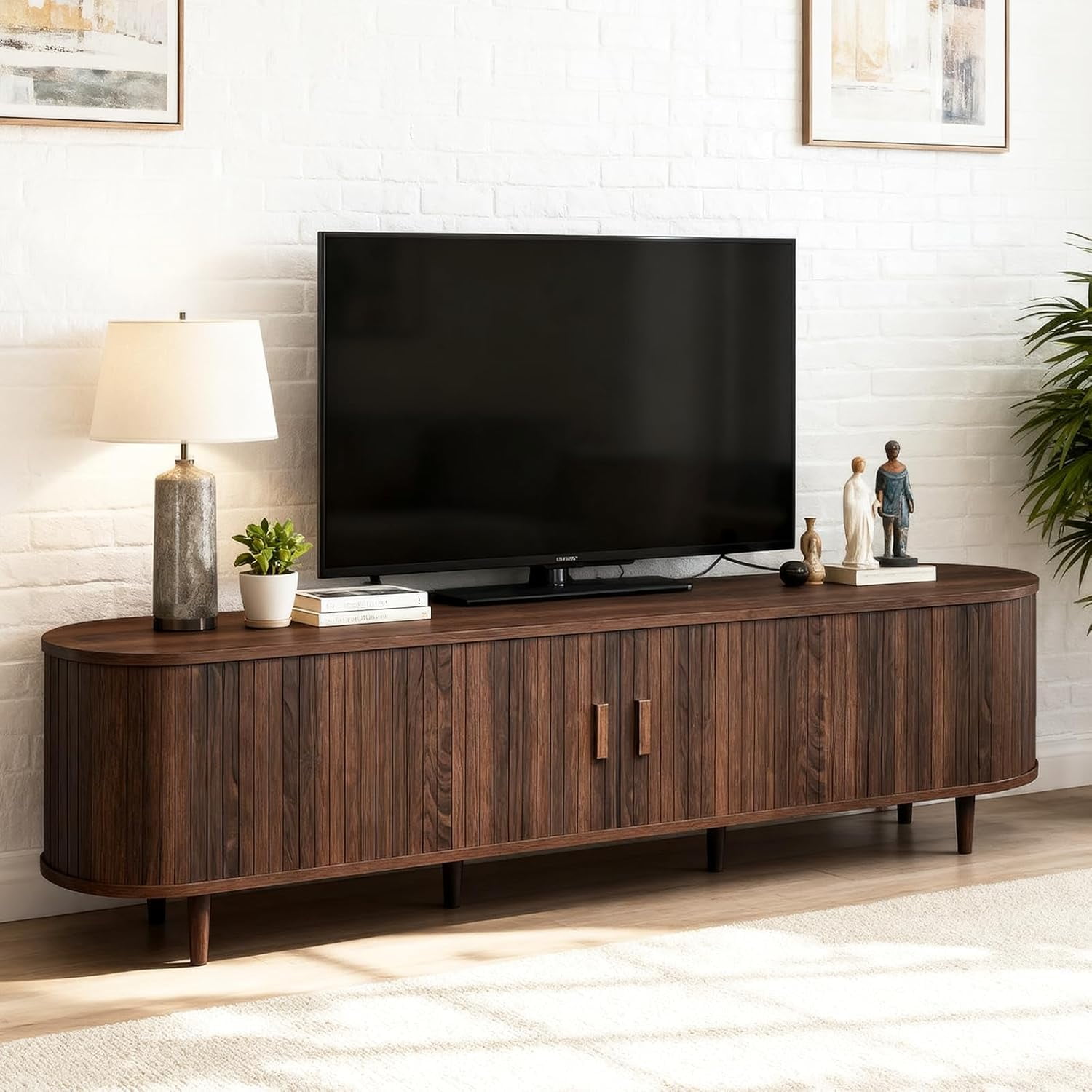 70" Mid Century Modern TV Stand, Wood Consoles with Sliding Doors and ...