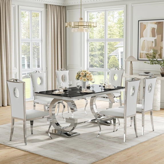 70" Modern Glass Dining Table Set for 6, Double-G Stainless Steel Base ...