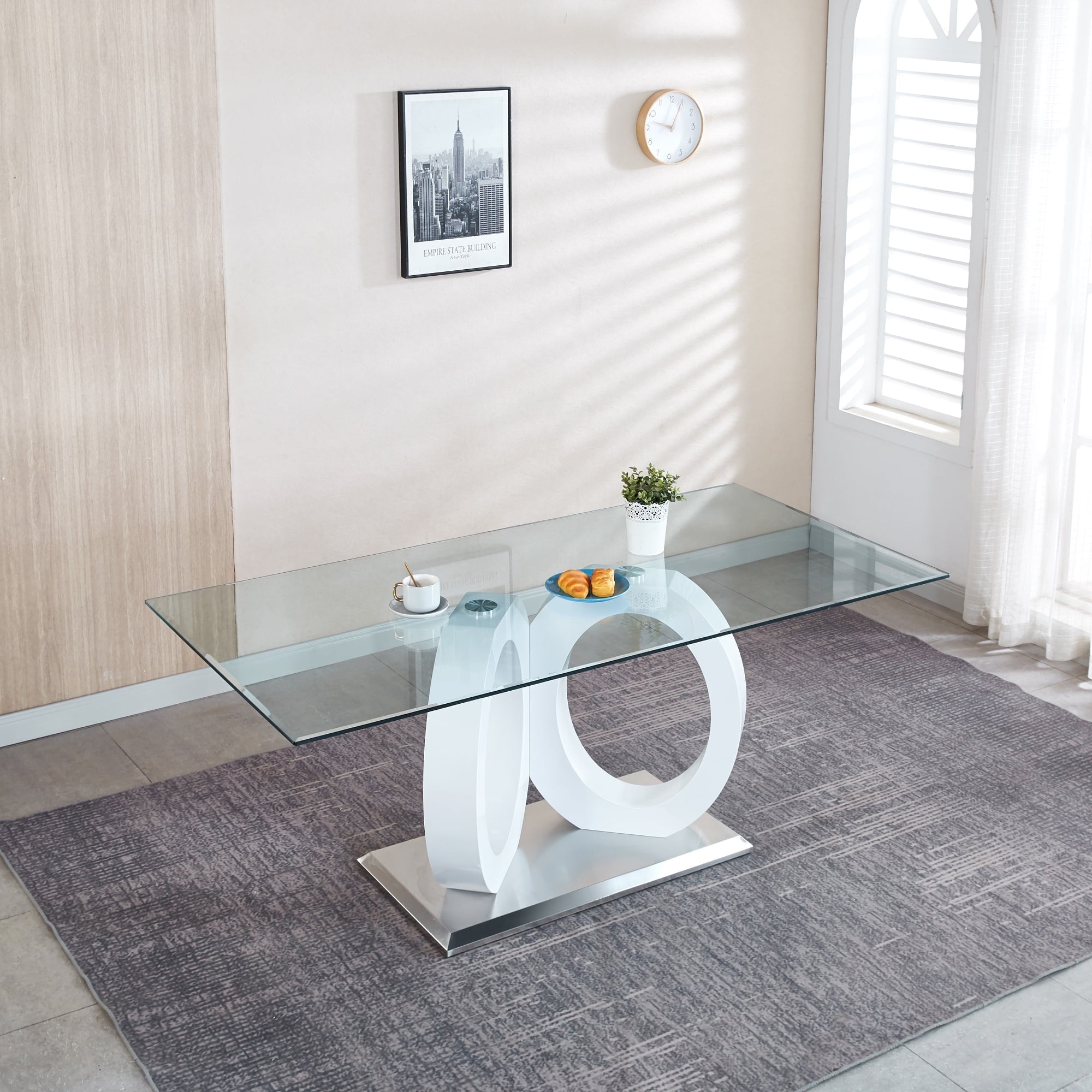 70" Modern Glass Dining Table for 6, Rectangular Tempered Glass Top ...