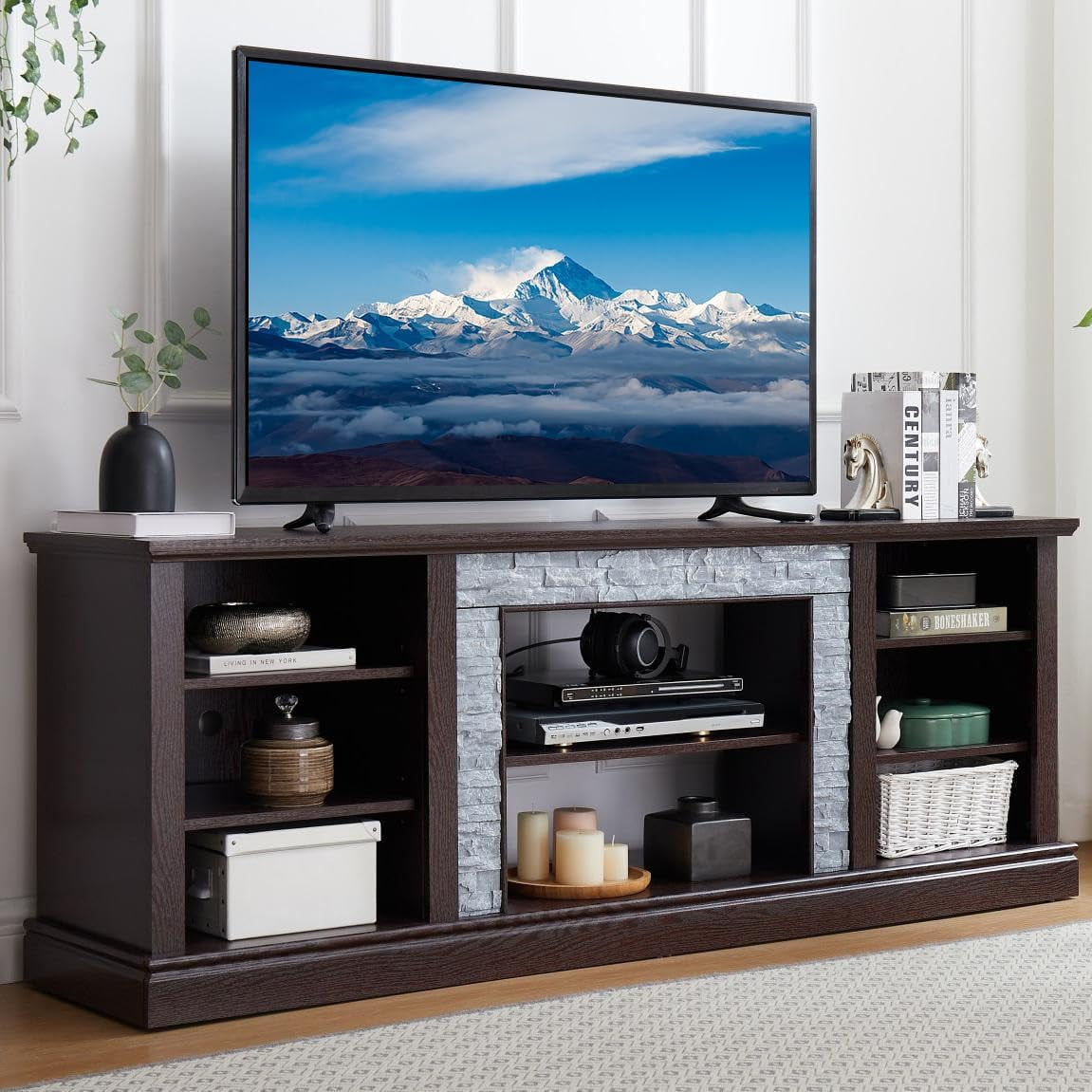 70" Modern TV Stand with Realistic Stacked Stone Surround ...