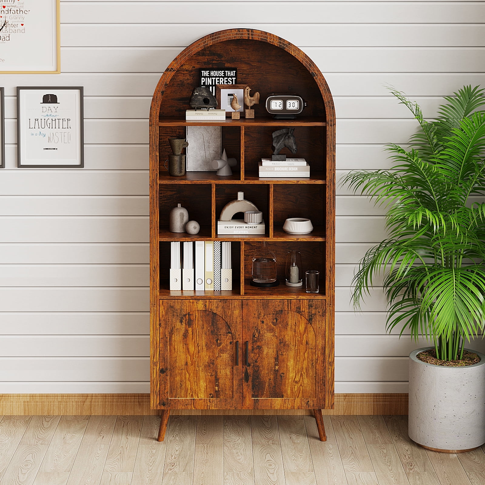 70" Morden Arched Bookcase, 3 Tier Bookshelf with Storage and Metal ...
