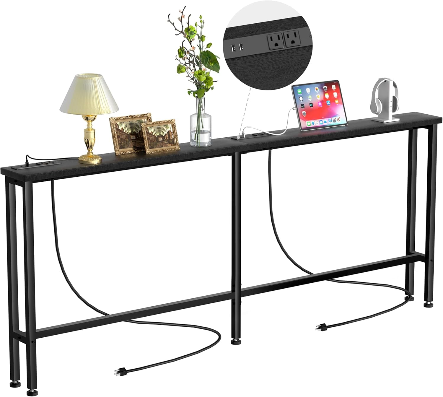 70" Narrow Console Sofa Table - 2 Power Outlets & 2 USB Ports, Metal ...