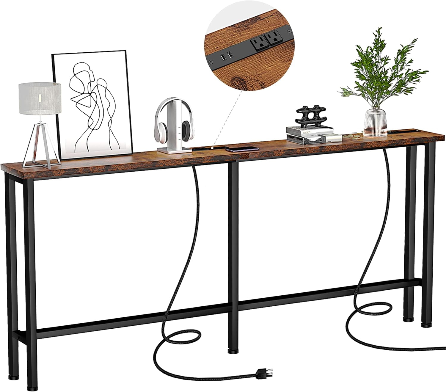 70" Narrow Console Sofa Table - 2 Power Outlets & 4 USB Ports, Metal ...