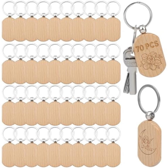 70 PCS Wooden Keychains - Engraving Blanks, Wood Key Chain Bulk for DIY ...