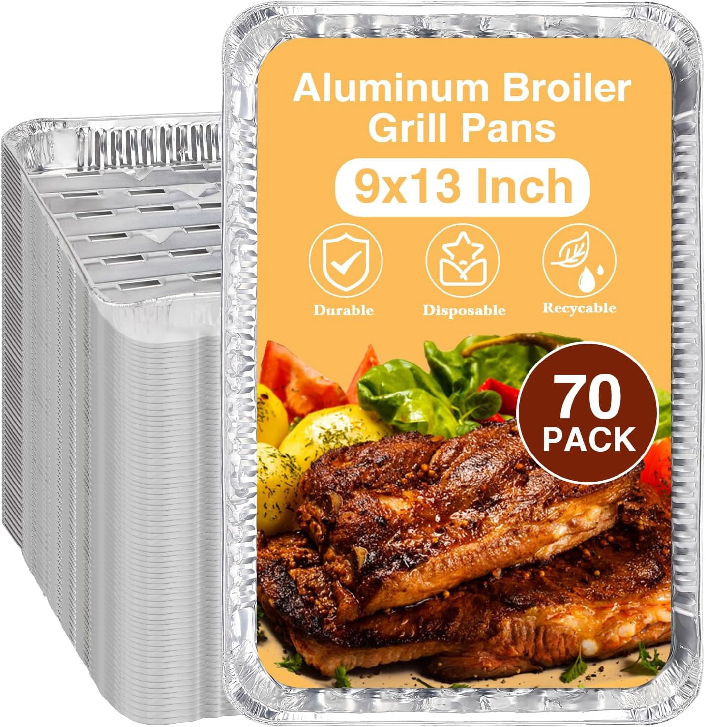 70 Pack Aluminum Grill Pans 13 x 9 Inch, Disposable Broiler Pans with ...