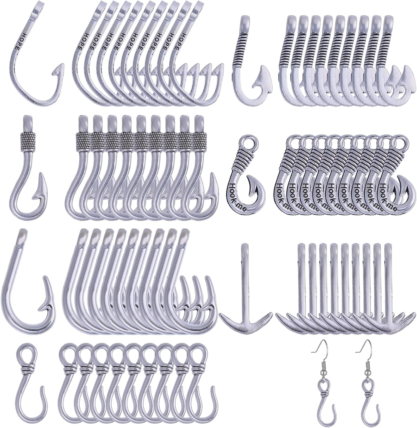 70 Pcs 7 Styles Anchor Hook Pendants Fish Hook Charms Alloy Charms for ...