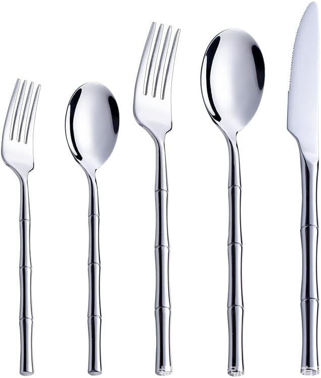 70 Piece Bamboo Silverware Set for 14 Durable 18/10 Stainless Steel ...