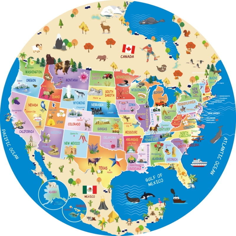 70 Piece USA Map Floor Puzzle for Kids Ages 4-8, Jumbo Round US ...