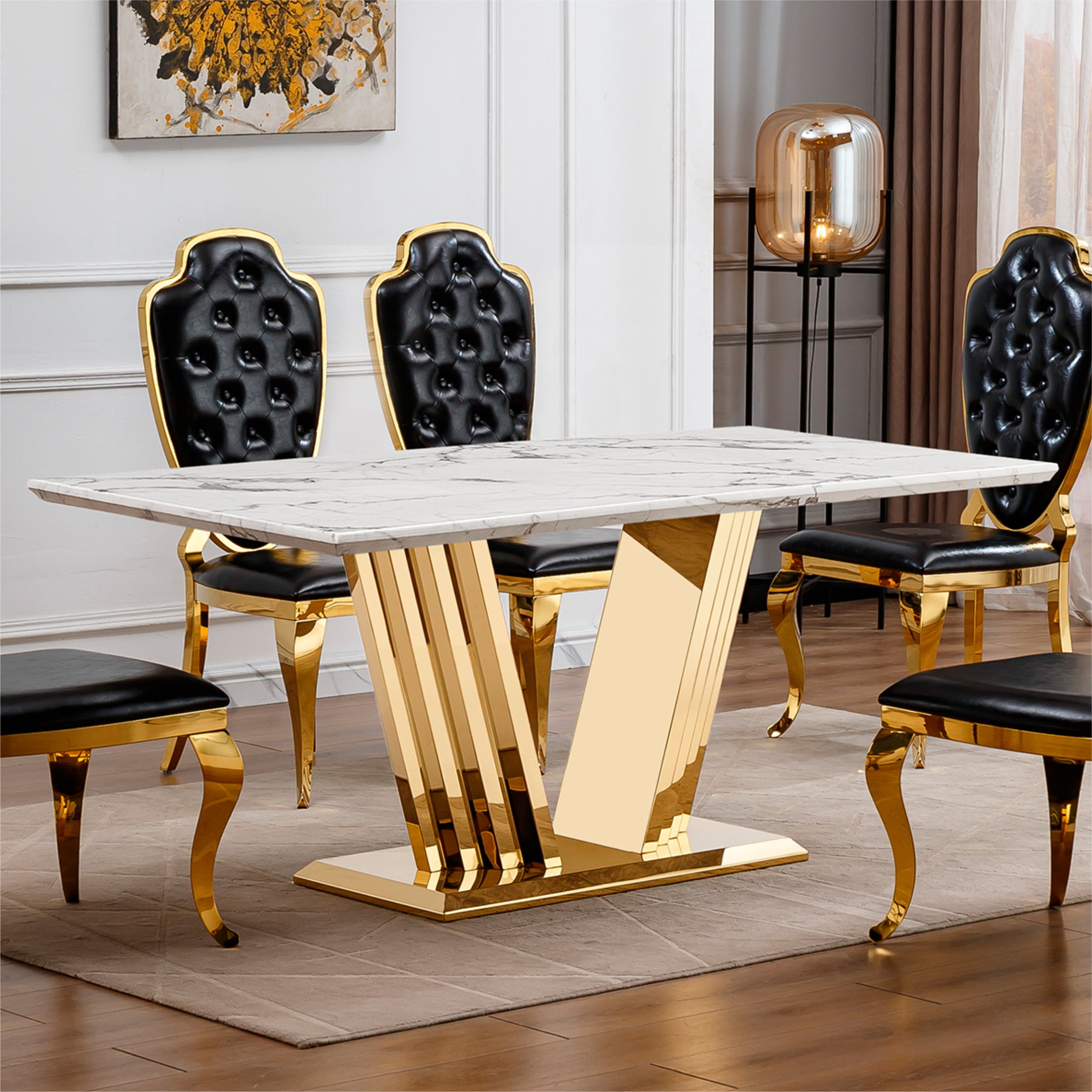 70" Rectangle Faux Marble Dining Table, Mirrored Finish & Stainless ...