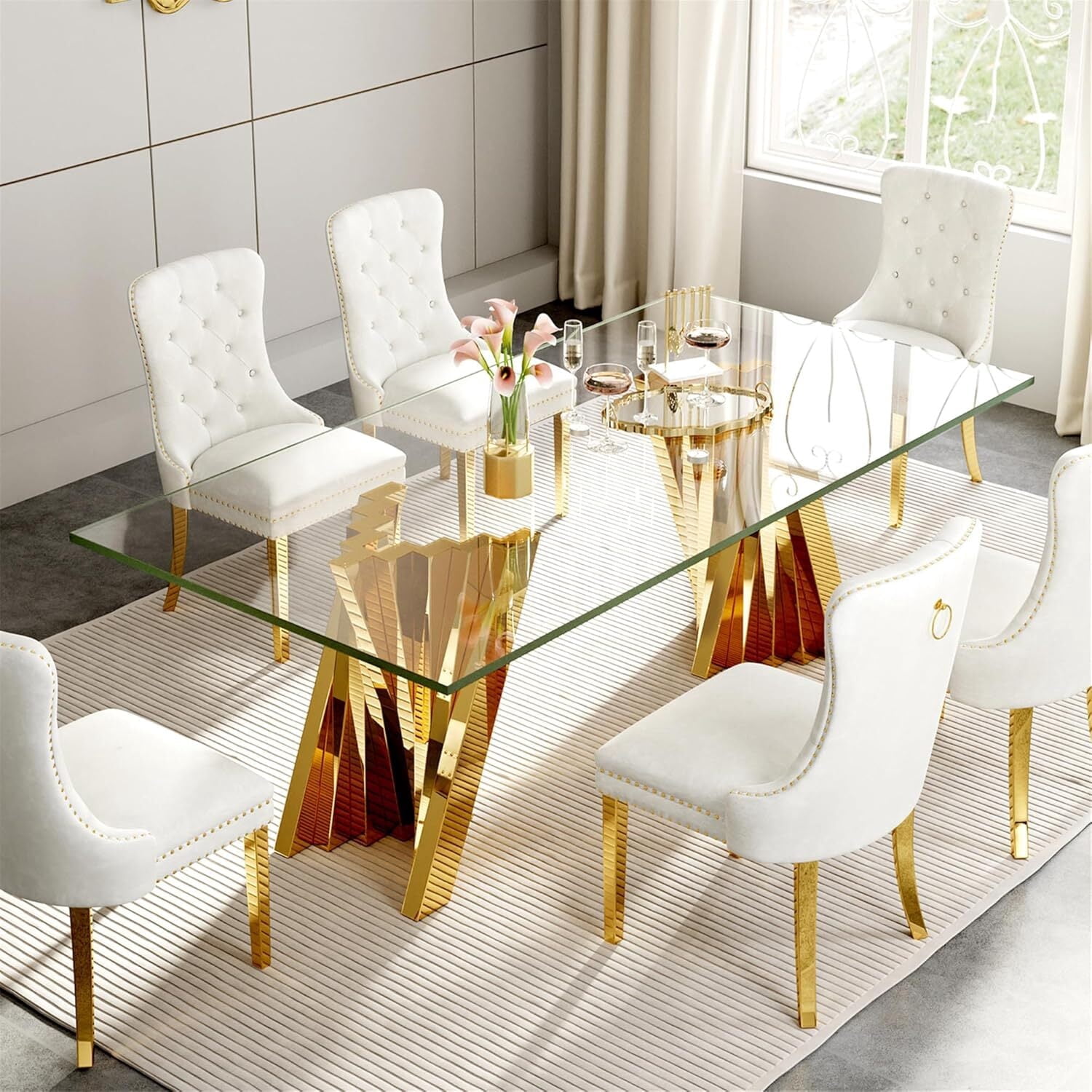 70" Rectangular Glass Dining Table for 6, Clear Tempered Glass Top ...