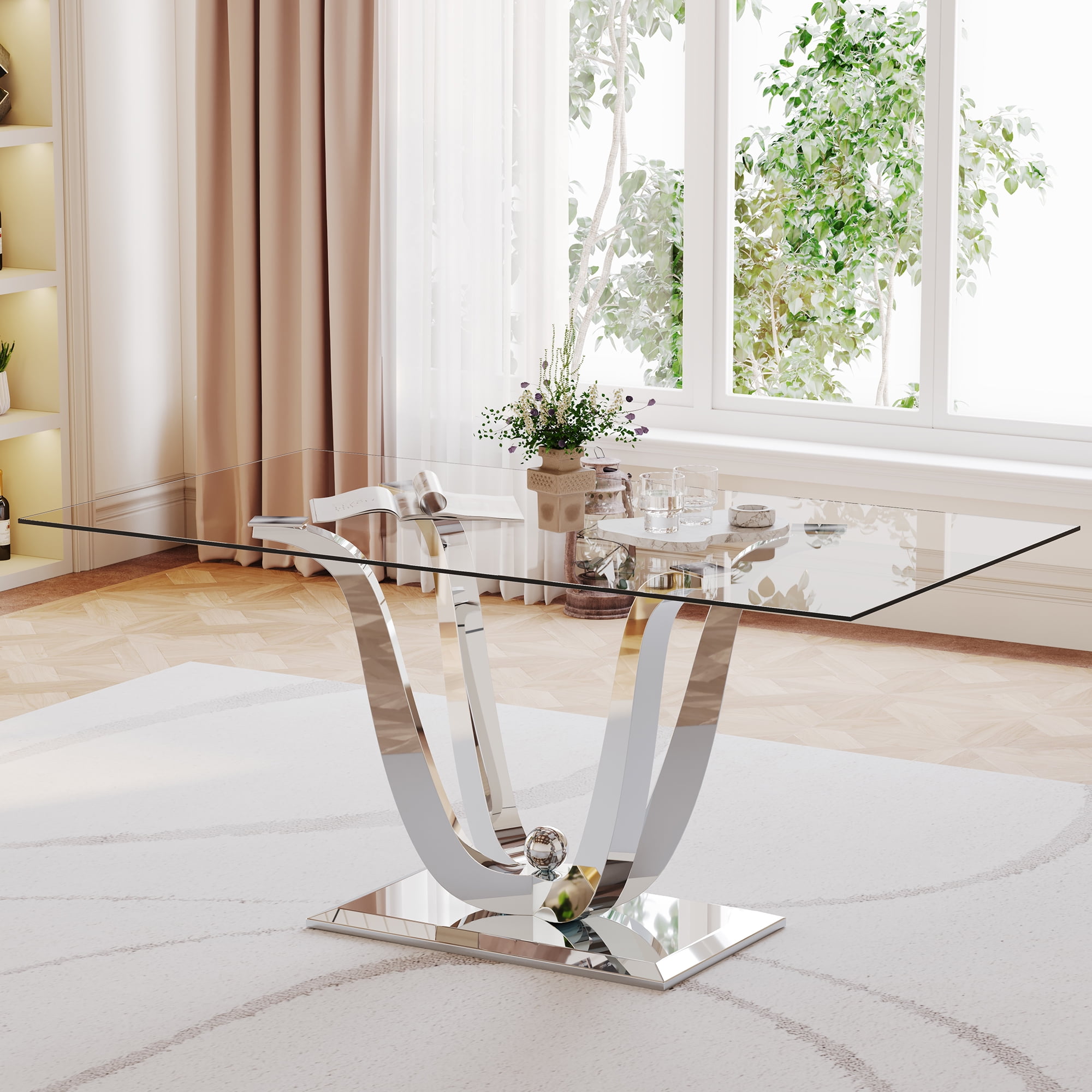 70" Rectangular Glass Dining Table for 6 People, Modern Clear Tempered ...