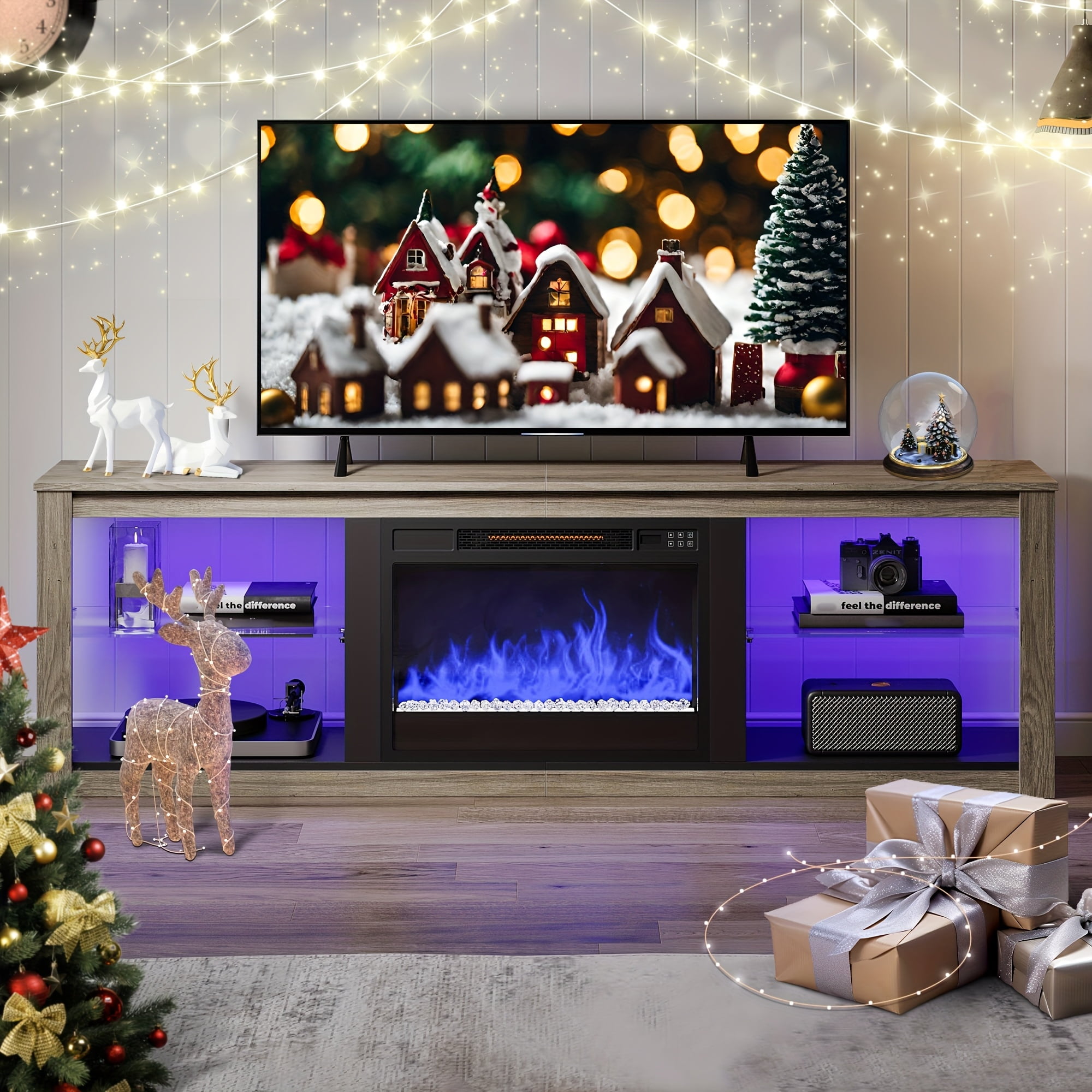 70" Rustic Electric Fireplace TV Stand - Fits 80 Inch TVs, 23" Flame & RGB LED Lights, Heavy ...