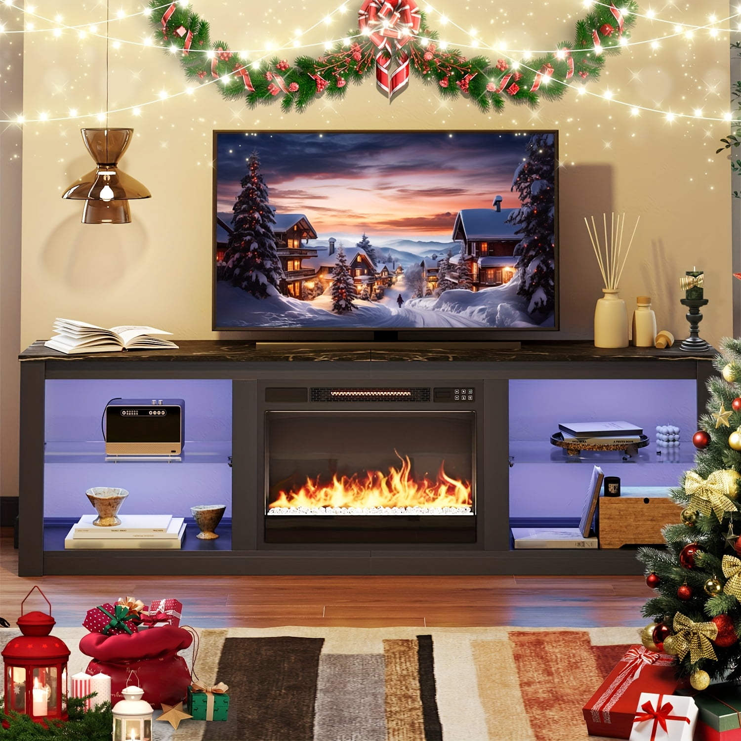 70" Rustic Electric Fireplace TV Stand - Fits 80 Inch TVs, 23" Flame & RGB LED Lights, Heavy ...
