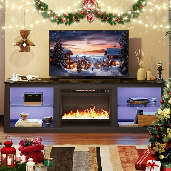 70" Rustic Electric Fireplace TV Stand - Fits 80 Inch TVs, 23" Flame ...