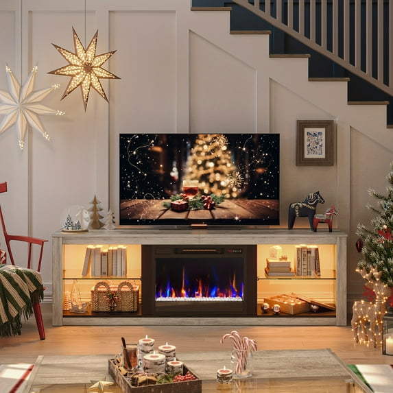 70" Rustic Electric Fireplace TV Stand - Fits 80 Inch TVs, 23" Flame ...
