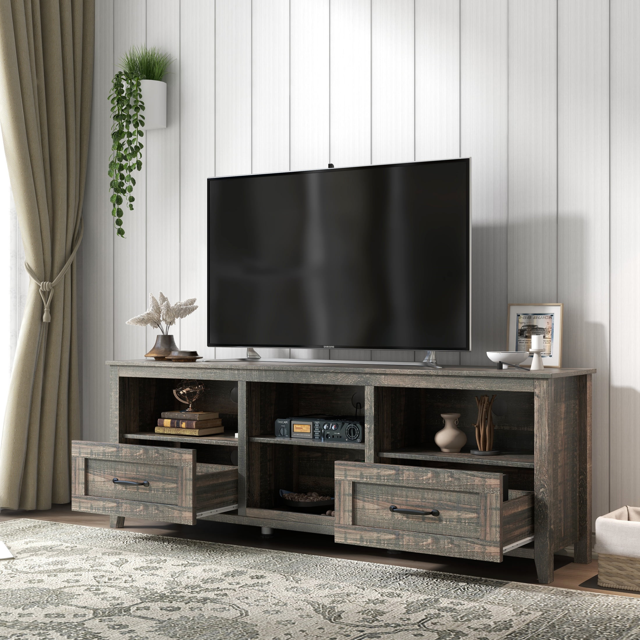 70" Rustic Pine TV Stand with Storage Drawers – Farmhouse Media Console ...