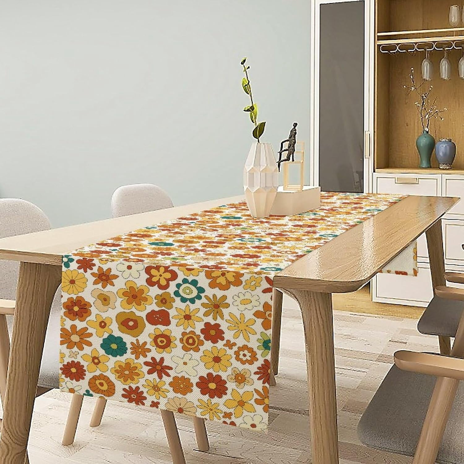 70''S Retro Floral Table Runner, Boho Abstract Yellow Orange Flowers ...