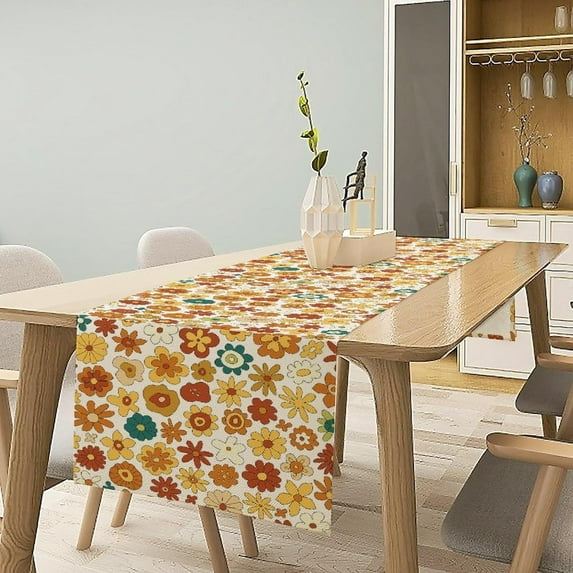 70''S Retro Floral Table Runner, Boho Abstract Yellow Orange Flowers ...