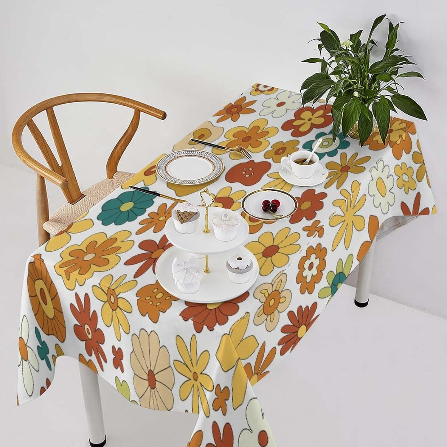 70''S Retro Floral Tablecloth, Boho Abstract Yellow Orange Flowers ...