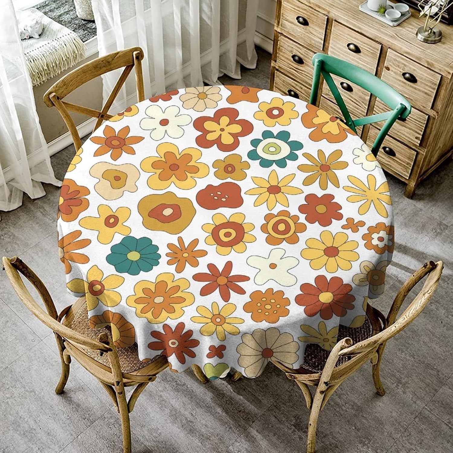 70''S Retro Floral Tablecloth, Boho Abstract Yellow Orange Flowers ...