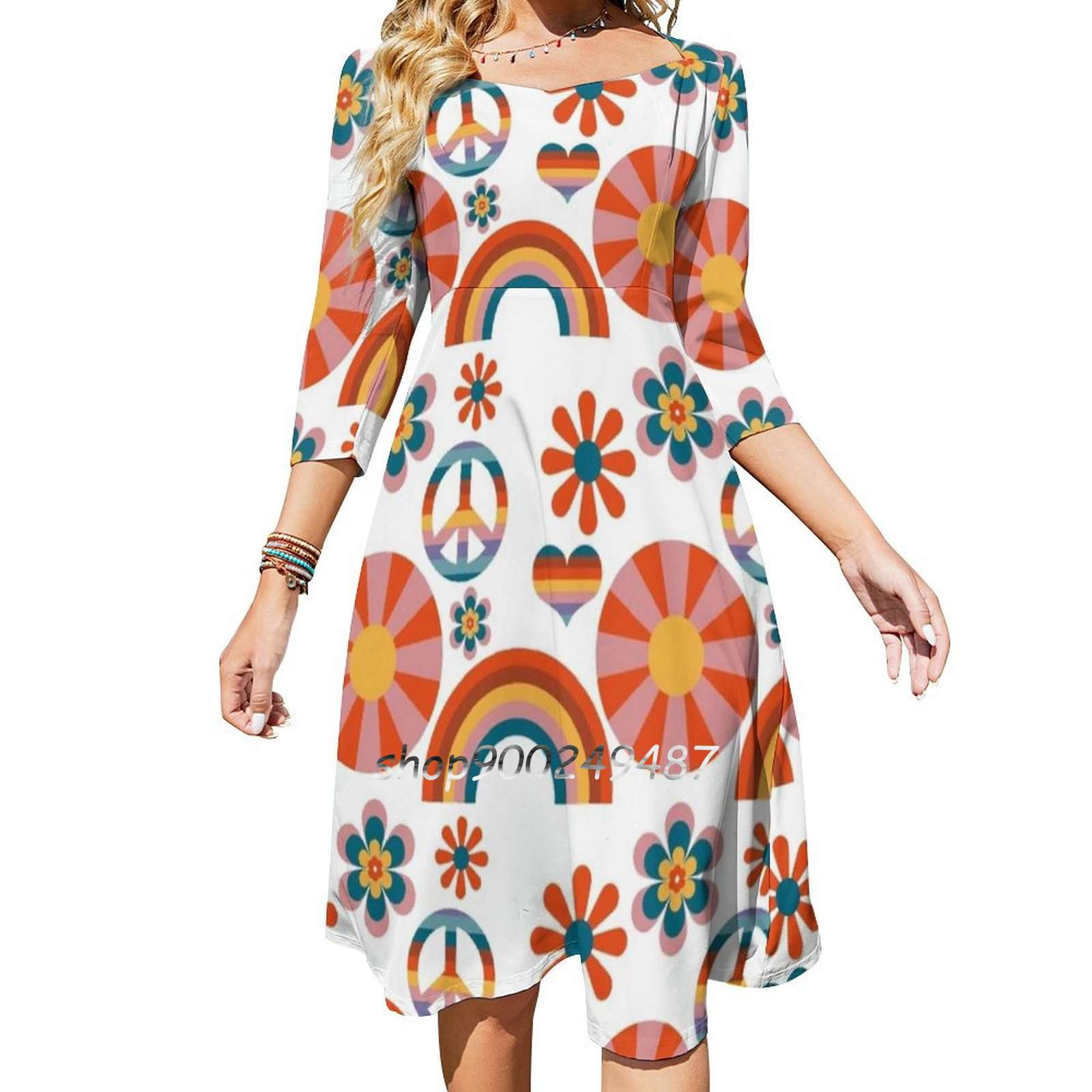 70'S Square Neck Dress Sweet Summer Dress Women Elegant Halter Print ...