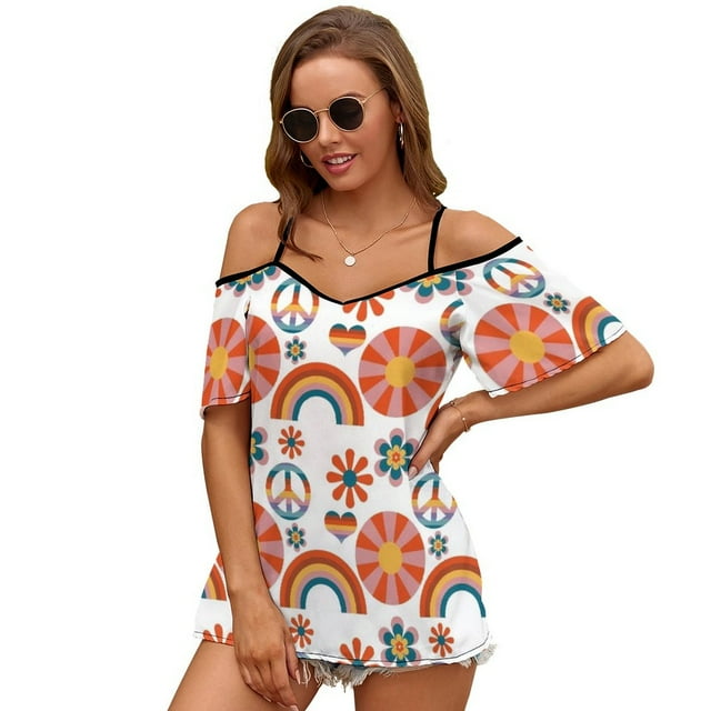 70s Womens T Shirt New Fashion Printed Zipper V Neck Short Sleeve T