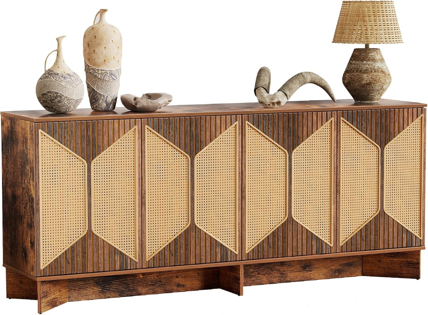 70'' Sideboard Buffet Cabinet with Storage, Large Modern Boho Rattan ...