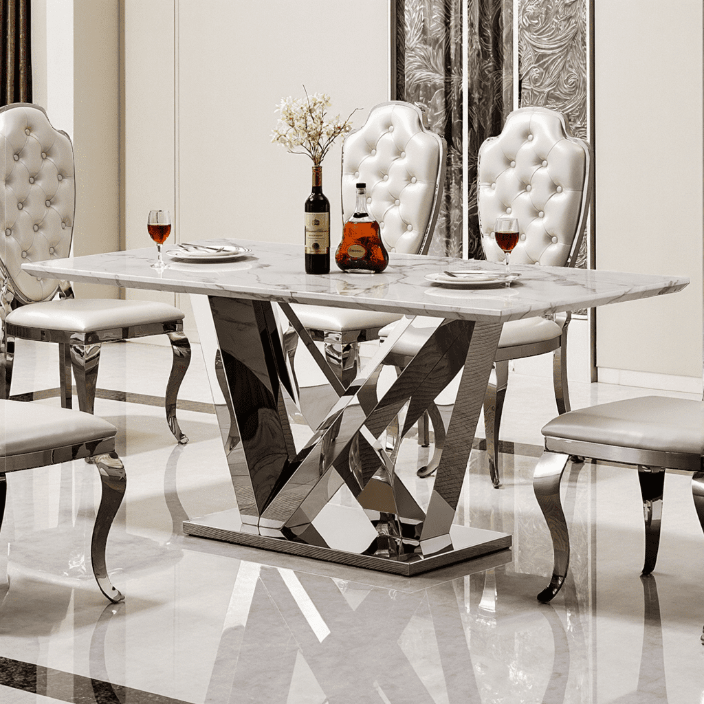 70'' Silver & White Faux Marble Dining Table for 6-8 with Mirrored ...