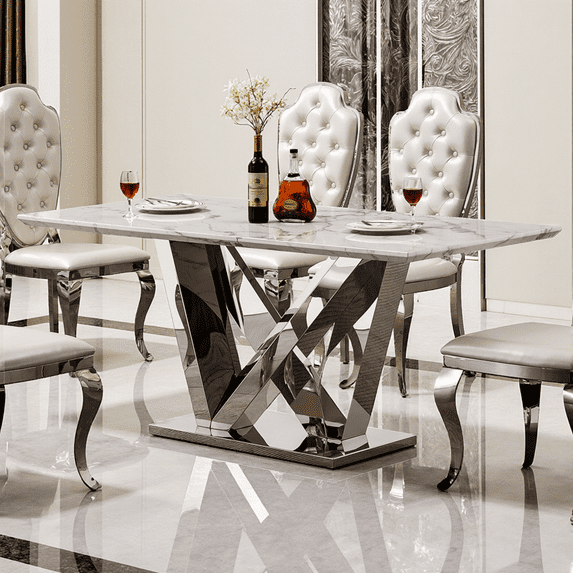 70'' Silver & White Faux Marble Dining Table for 6-8 with Mirrored ...