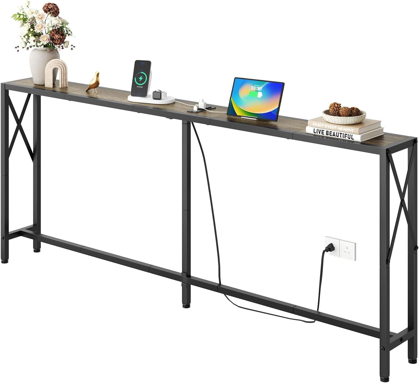 70" Sofa Tables Narrow Long, Behind Couch Table with Oulets & Ports ...