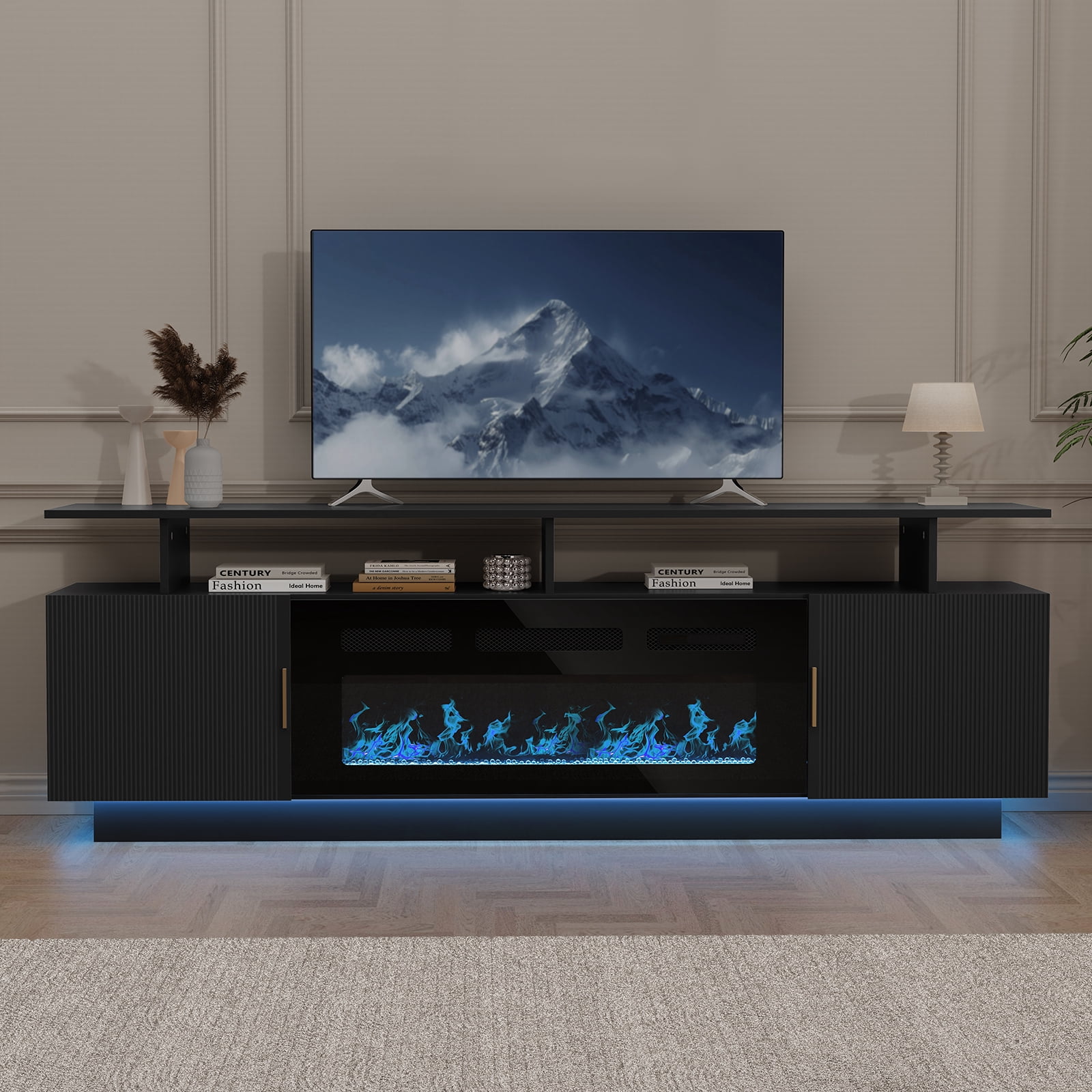 70'' TV Stand with 36'' Electric Fireplace - 23'' High Black ...